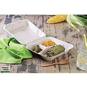 100% Compostable Clamshell Take Out Food Containers [8X8" 3-Compartment 50-Pack] Heavy-Duty Quality to go Containers, Natural Disposable Bagasse, Eco-Friendly Biodegradable Made of Sugar Cane Fibers