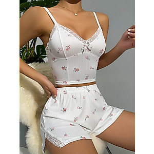 SHENHE Women's Causal Lace Trim Sleepwear Cami Top and Shorts Pajama Sets Floral White L