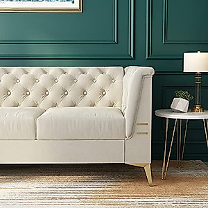 ANTTYBALE 82" Mid Century Modern Sofa for Living Room Velvet Couch Chesterfield Sofa with Gold Legs for Bedroom Office (Beige)