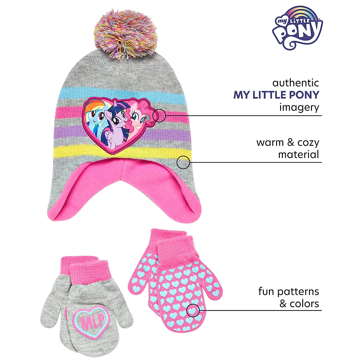 Hasbro My Little Pony Girls Winter Hat and 2 Pair Gloves or Mittens (Toddler/Little Girls), Size Age 2-4, Grey, Pink Design - Age 2-4 - Mittens Set
