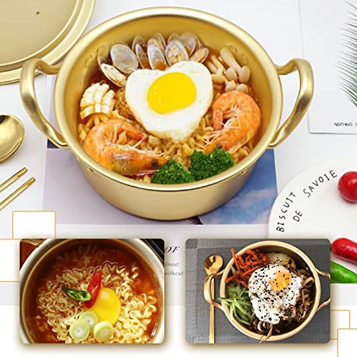 6.3in Korean Ramen Pot, Ramen Cooking Pot with Golden Spoons Chopsticks for Camping, Hiking, Home, Parties, Picnic