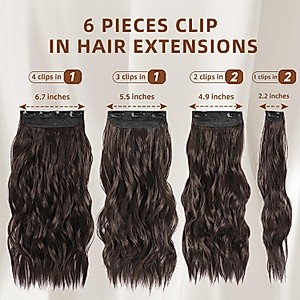 Fliace Clip in Hair Extensions, 6 PCS Natural & Soft Hair & Blends Well Hair Extensions, Dark Brown Long Wavy Hairpieces(20inch, 6pcs, Dark Brown)