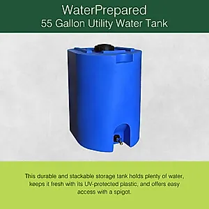 WaterPrepared 55 Gallon Unique Space Saving Stackable Design Utility Water Tank with Large Cap for Easy Filling and Spigots, Blue