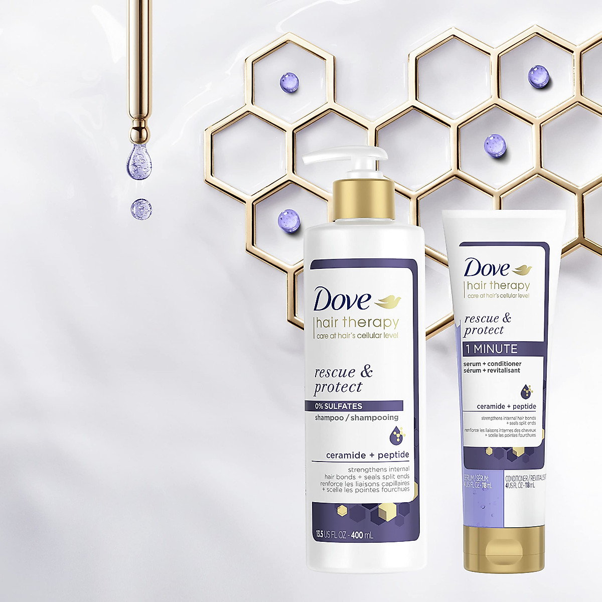 Dove Hair Therapy Shampoo Hair Care For Split Ends and Damaged Hair Rescue and Protect Sulfate Free Shampoo 13.5 oz