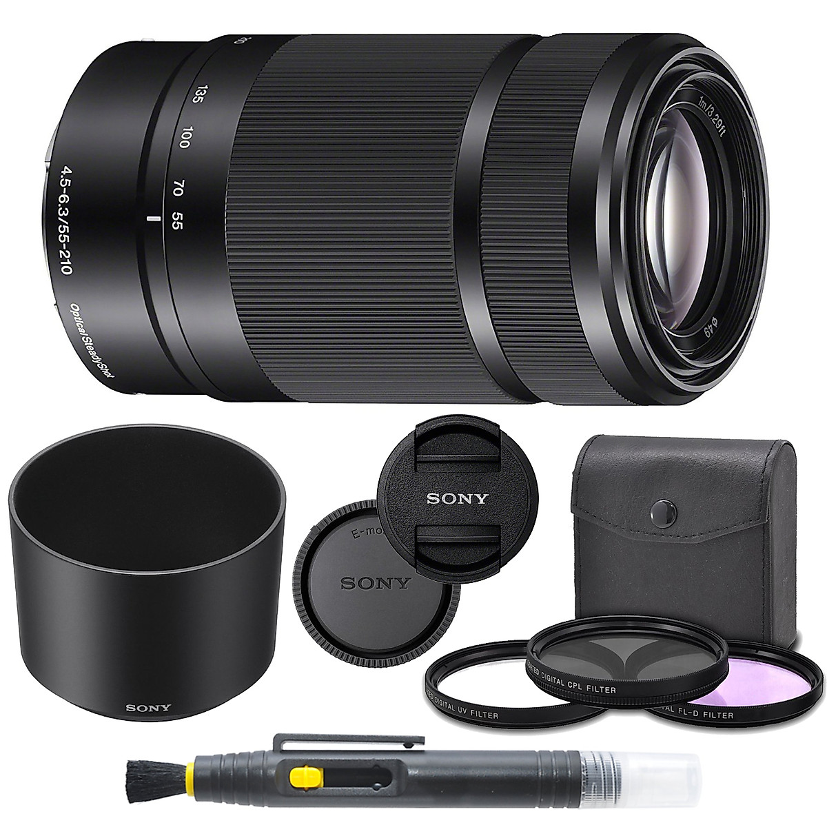 Sony E 55-210mm f/4.5-6.3 OSS Lens (Black) for Sony E-Mount Cameras Bundle. Includes: Filter Kit, Cleaning Pen, Front and Rear Lens Caps and Original Sony Lens Hood - International Version