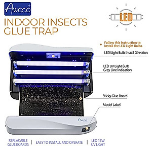 Awoco LED 15 W Wall Mount Sticky Fly Trap Lamp with 3 LED UV Lights for Capturing Flies, Mosquitoes, Moths and Flying Insects (Fly Trap + 6 Glue Boards)