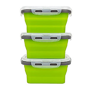 CCyanzi 3piece Collapsible Food Storage Containers with Lids, Silicone Lunch Container, Microwave & Freezer Safe, Space Saving for Kitchen Cabinet and Camping Backpack,(green gray)
