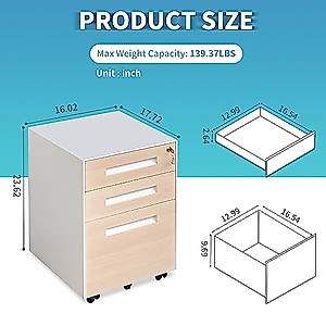 Steel Lateral Filing Cabinet with Lock, File Cabinet for Office Home Metal Storage File Cabinet 3 Drawer Under Desk Metal Organizer (Cherry+White)