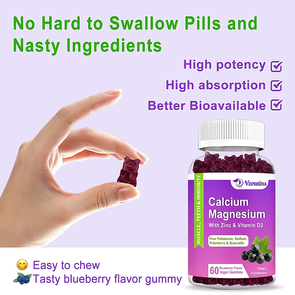 High Absorption Calcium Magnesium Zinc Gummies, Sugar Free Calcium Magnesium Supplement with Potassium Vitamin D3 for Bone & Teeth Strength, Muscle Function - Vegan, Blueberry Flavor 120 Cts