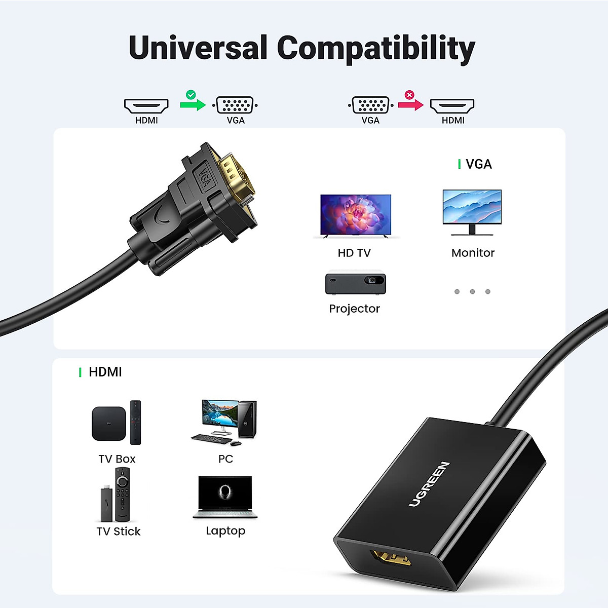UGREEN HDMI to VGA, HDMI to VGA Adapter Connector(Female to Male) with 3.5mm Audio Jack Compatible with Monitor, PC, Xbox, TV Stick, Raspberry Pi, Nintendo Switch, Roku, Computer, Laptop