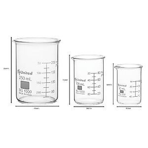 United Scientific™ Advanced Glassware Set of 9, Beakers 50ml, 100ml, 250ml, Class A Cylinder 10ml, 50ml & 100ml & Erlenmeyer Flasks 50ml, 100ml & 250ml