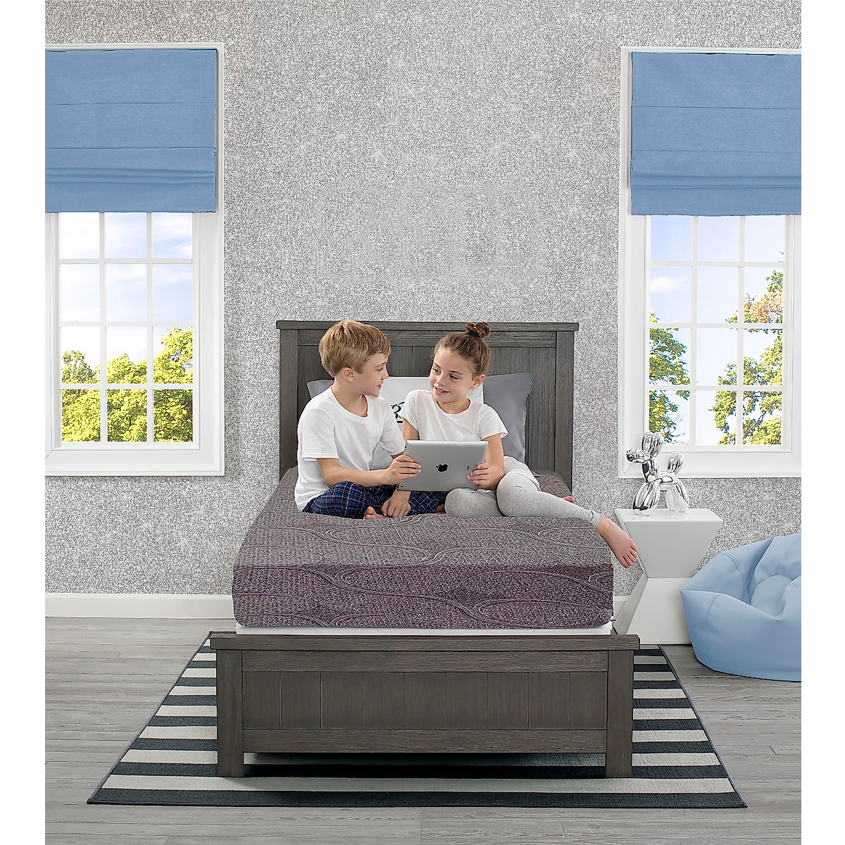 Delta Children Upholstered Twin Bed, Grey Snooze 6 inch Memory Foam Twin Mattress (Bundle)