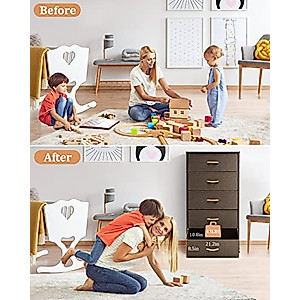 JOINHOM Dresser Storage Tower with 5 Drawers, Fabric Tall Dresser Drawer for Bedroom, Office, Entryway, Living Room and Closet - Sturdy Steel Frame, Easy Pull Bins & Wooden Top