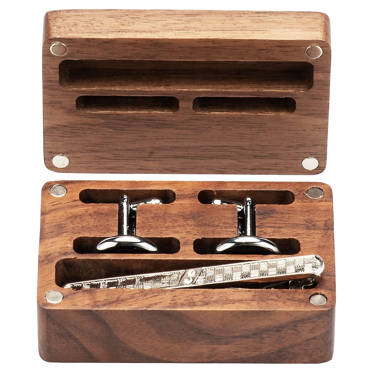 COSISO Black Walnut Wooden Cufflinks Display Box Tie Clip Case with Magnetic Lid For Men