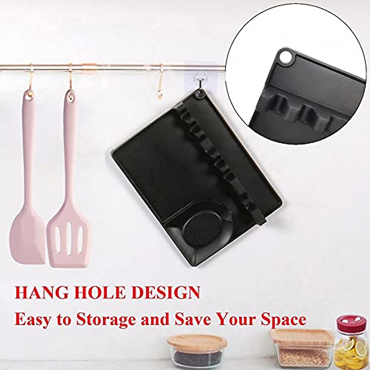 DflowerK Silicone Spoon Rest Utensil Rest with Drip Pad 5 Slotted & 1 Spoon Holder for Kitchen Counter Stove Top Heat Resistant Large 10.3" X 8" (Night Black)