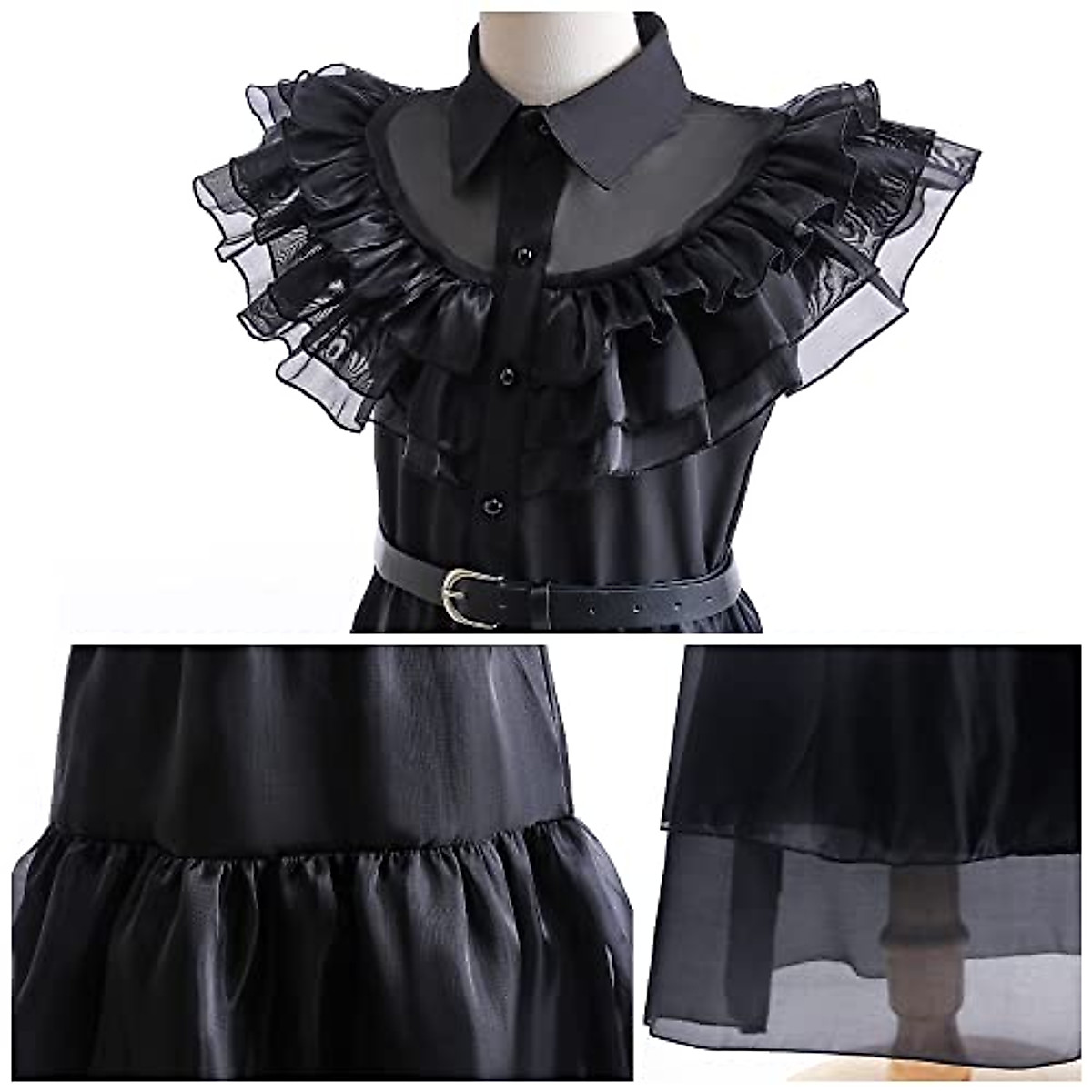 GRIVOS Black costume Girls dress for Kids Black Outfit Halloween Costumes Cosplay Party with belt wig socks 4-14Y