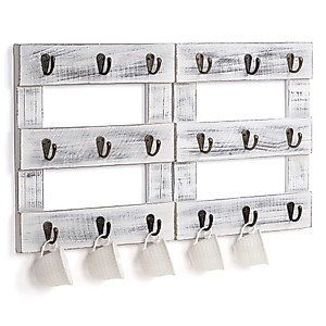 TRSPCWR Wood Coffee Mug Holder Stand 18 Hooks, Foldable Wall Mounted Cups Rack Organizer, Holder Rack for Coffee Station, Kitchen Storage and Home (Vintage White)