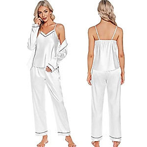 SWOMOG Women's 4pcs Satin Silky Pajama Set Long Sleeve Button Top with Long Pant White