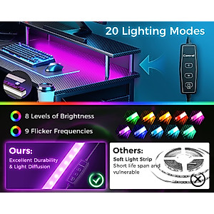 ODK L Shaped Gaming Desk with LED Lights & Power Outlets, 50.8" Computer Desk with Full Monitor Stand, Corner Desk with Cup Holder, Gaming Table with Hooks, Black Carbon Fiber