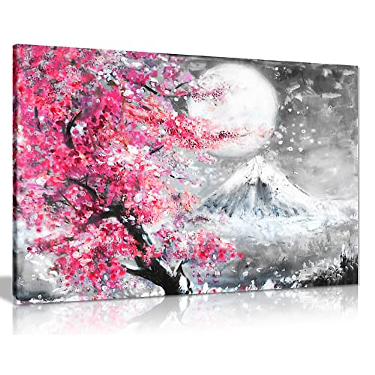 Panther Print, Canvas Prints, Framed Wall Art for Bedroom & Living Room, Modern Home Decor, Pink Black & White Oil Painting Japanese Cherry Blossom Landscape, Print for Special Occasions (31x20cm)