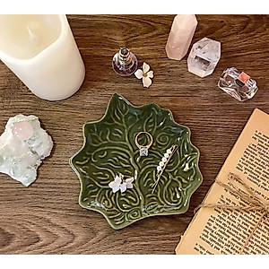 LZBALUYO Jewelry Dish Trinket Tray for Women, Ring Dish Holder, Unique Leaf Shape Ceramic Plate Cute Things Vanity Aesthetic Room Decor Mother's Day Birthday Christmas Warm House Gifts (Green)