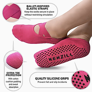NEWZILL Yoga Socks for Women Non-Slip Grips & Straps, Ideal for Pilates, Pure Barre, Ballet, Dance, Barefoot Workout (3 Pairs-White/Red/Pink)