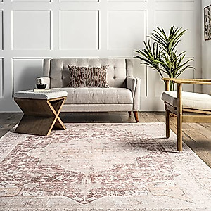 nuLOOM Rosa Machine Washable Distressed Vintage Medallion Area Rug, 6' Round, Light Pink