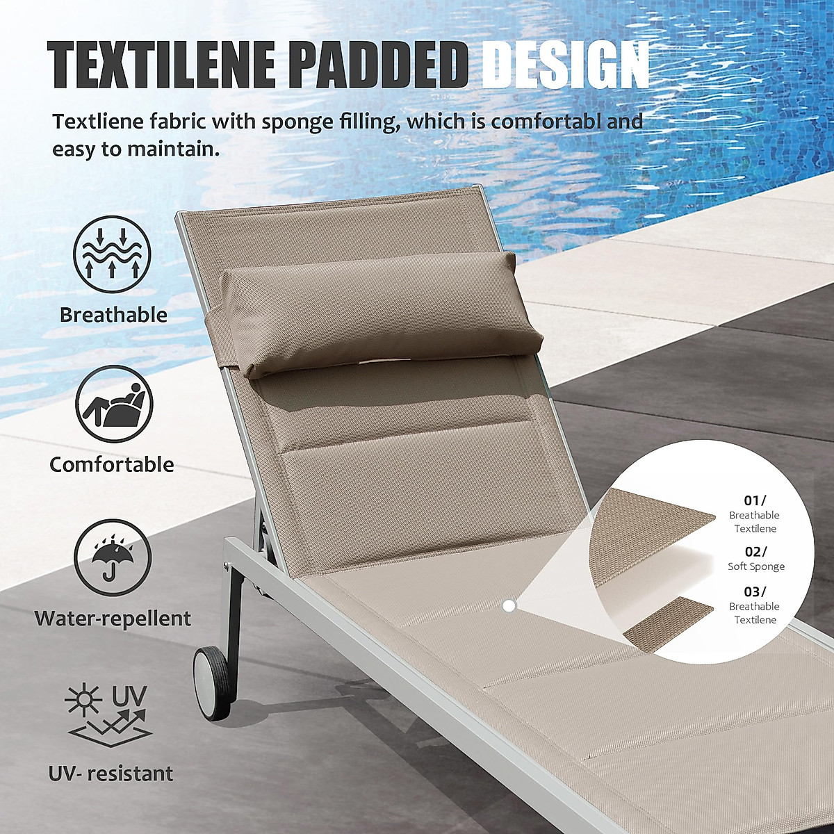 Domi Patio Chaise Lounge Set of 3, Aluminum Pool Lounge Chairs with Side Table and Wheels, Textilene Padded Adjustable Recliner All Weather for Patio Deck Poolside Beach Yard, Lawn, Khaki