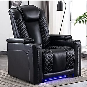 CANMOV Electric Power Recliner Chairs with USB Ports and Cup Holders, Breathable Faux Leather Home Theater Seating Recliner with Hidden Arm Storage, Ambient Lighting, Black