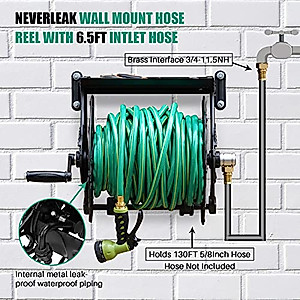 Garden Hose Reel Wall Mount with 6.5ft Leader Hose, Storage Shelf, Holds 130ft of 5/8 Hose, Portable Cast Iron Water Hose Reel for Outside Gardening Tools, Decorative Metal Hose Storage Holder