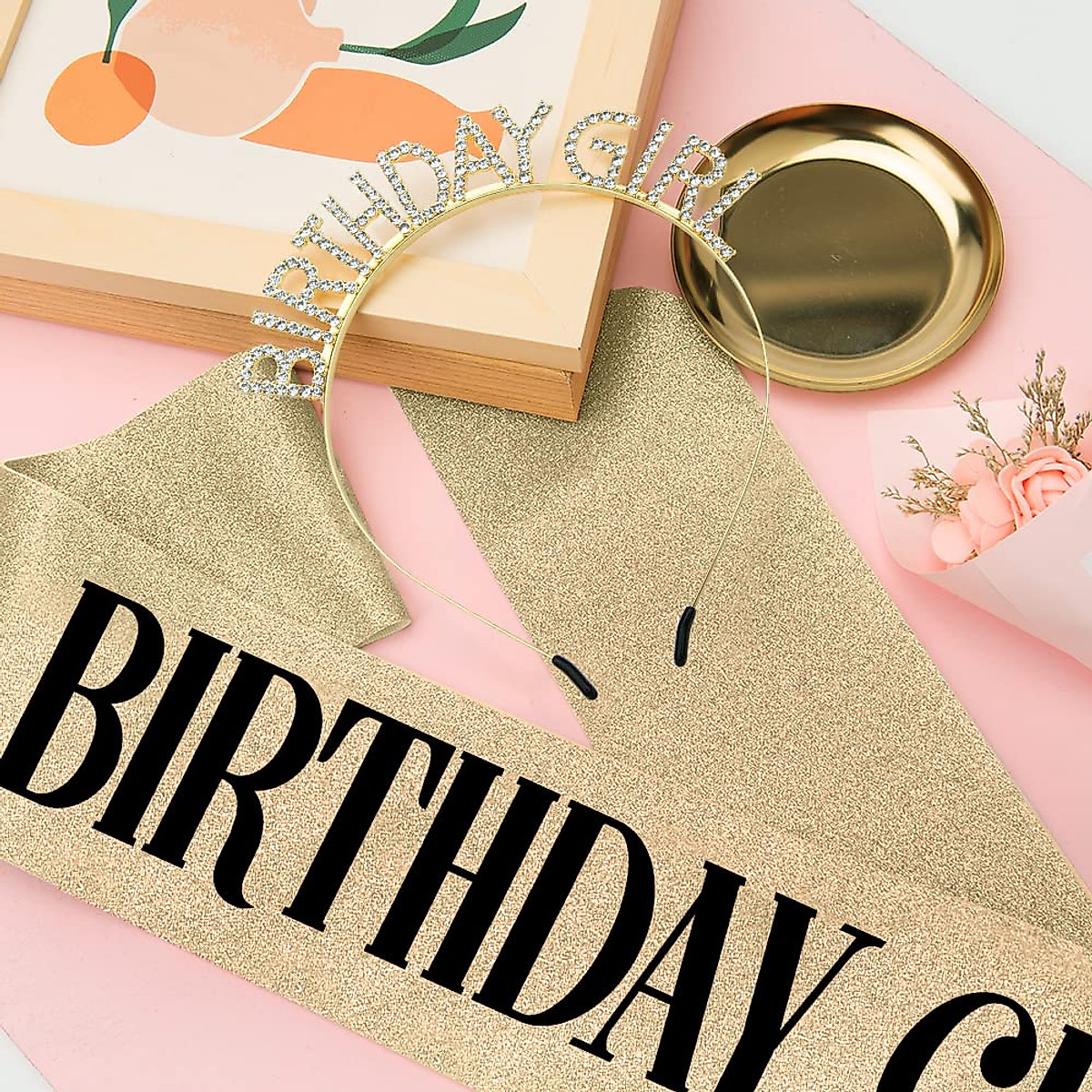 PQRUU Birthday Sash for Women Gold Birthday Girl Sash Glitter Birthday Sash and Tiara for Women Birthday Crowns for Women Happy Birthday Decorations Accessories Rhinestone Birthday Girl Headband