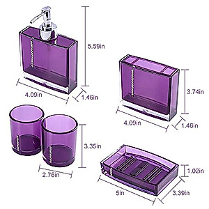 Purple Bathroom Accessories Set, 5 Pcs Bath Ensemble Kit Square Acrylic Bathroom Set Bathroom Home Decor Clearance with 2 Cups, Toothbruch Holder Set, Dish