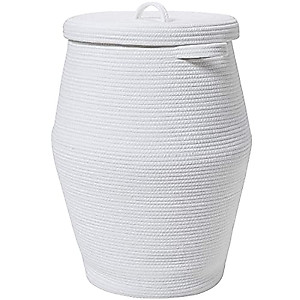 26" x 20" Tall Extra Large Storage Basket with Lid, Cotton Rope Storage Baskets, Woven Laundry Hamper with Cover, Cloth Storage Bin, for Clothes Blanket in Living Room, All White