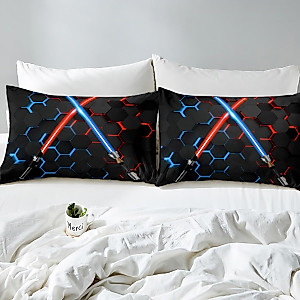 Neon Red Blue Lightsaber Duvet Cover Set Queen Size Geometric Honeycomb Bedding Set 3Pcs for Kids Girls Boys Teens Room Decor Fashion Games Comforter Cover Black 3D Hexagon Quilt Cover,2 Pillowcases
