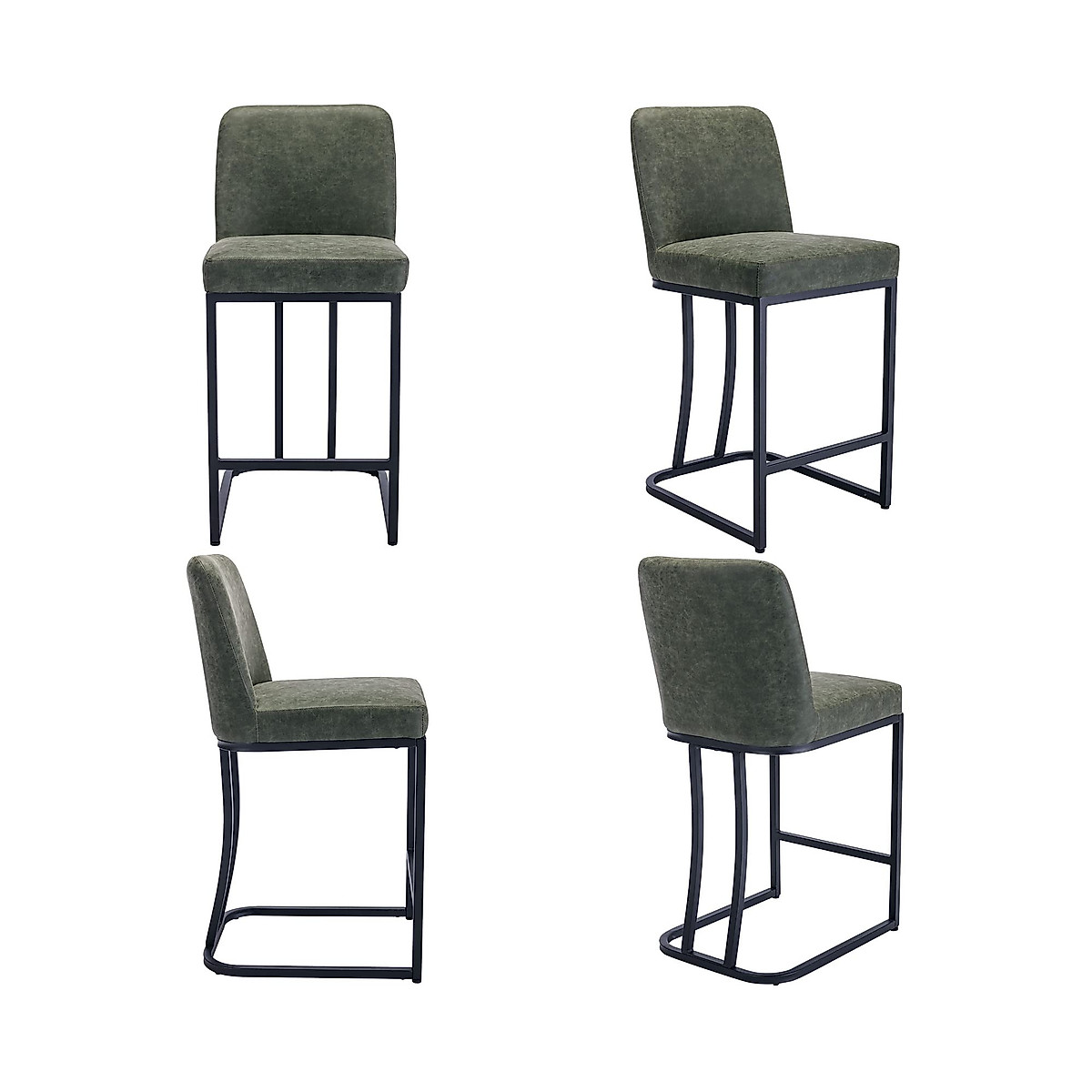 VESCASA 24" H Counter Height Barstools with Back, Mid Century Modern Faux Leather Upholstered Counter Stool Chairs with Black Metal Frame for Kitchen Island, Bar, Pub, Set of 2, Green