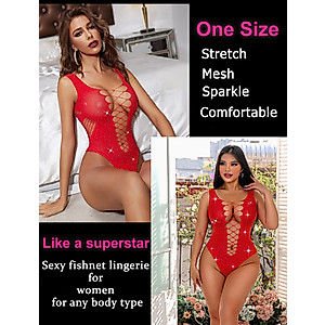 Avidlove Red Fishnet Bodysuit Rhinestone Body Suits Woman Mesh Lingerie Sexy Fishnets Lingerie Sparkle Bodysuit Teddy Lingerie