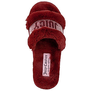 Juicy Couture Women's Luxe Faux Fur Slide Slippers with Embellished Strap, Cozy Indoor/Outdoor Fuzzy Slip-On Sandals, Halo - Burgundy, Size 9