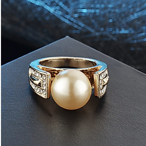 HUKQBUNX 18K Gold Simple Temperament Natural Pearl White Pearl Diamond Inlaid Women's Ring Vintage Women's Precious Couple Ring Size 6-9 (Size 9)