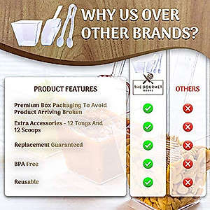 The Gourmet Goose 20 Dessert Cups & Candy Containers, 12 Plastic kitchen Scoops, 12 Tongs, Plastic Cups for Party, Appetizer Cups, Reusable Ice Cream Bar Accessories for Parties, Buffets