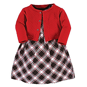 Hudson Baby Baby Girls' Quilted Cardigan and Dress, Black Red Plaid, 0-3 Months