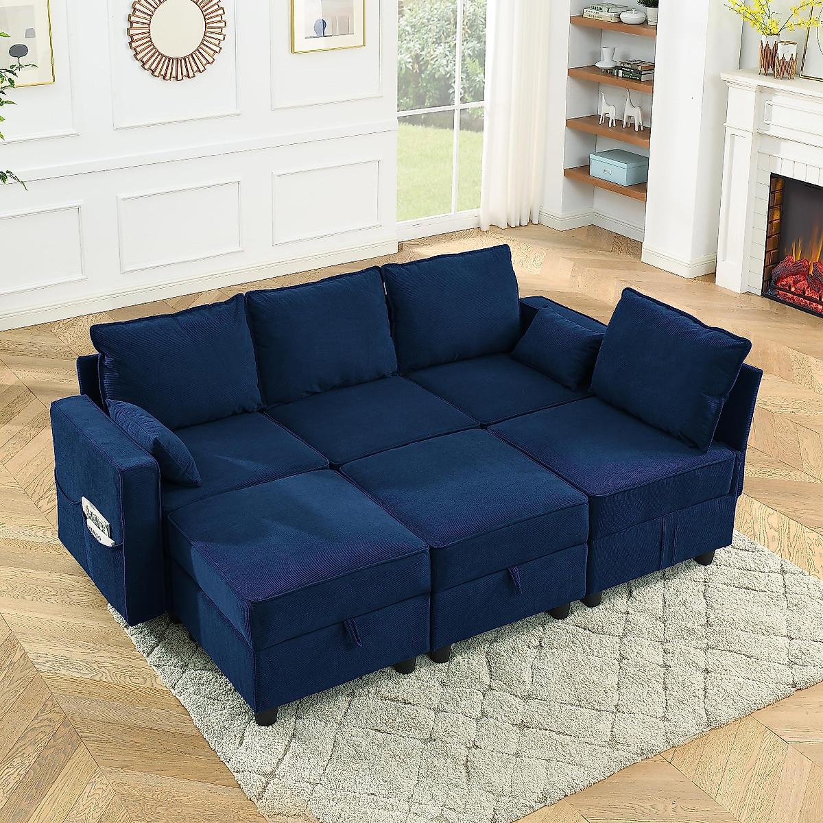 kevinplus 112.6" Modular Sectional Sofa Couch with Storage for Living Room, Modern Contemporary 4-Seat U-Shape Sofa Couch 2 Reversible Ottoman for Apartment, Corduroy Velvet, Navy Blue (2 Ottoman)