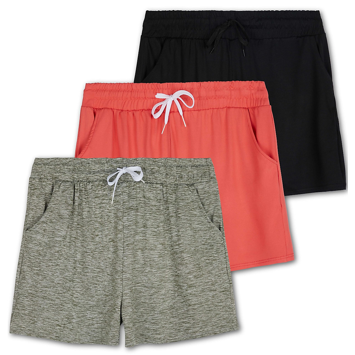 Real Essentials Women's Lounge Wear Short High Waisted Casual Sweat Shorts Pajama Summer Pockets Drawstring Workout Gym Active Athletic Yoga Running Fitness Ladies Sleep, Set 5, M, Pack of 3