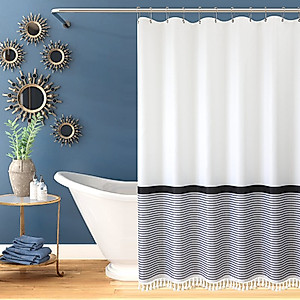 Modern Farmhouse Shower Curtain Set with 12 Hooks Grey Striped Fabric Waffle Shower Curtains Cloth for Bathroom Tassel Fringe Gray Boho Washable Shower Curtain Water Repellent Black Grey 72x78 Inch