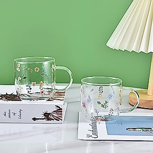 Koythin Flowers Coffee Glass Mug, Cute Espresso Cup, Drinking Glasses Breakfast Cups with Handle, 12oz Perfect for Coffee Juice Tea Latte Cappuccino (Green Leaf Pink Flower)