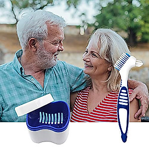 2 Packs Denture Bath Cases and 2 Packs Denture Brushes kit, Portable Professional Denture Cups Denture Boxes Dentures Container with Removable Basket for Home Use (Blue, Green)