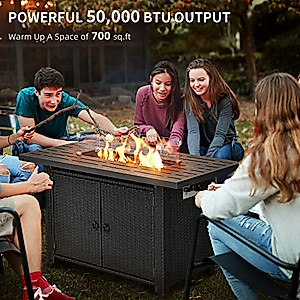 YITAHOME 43 Inch Propane Fire Pit Table and Resin Wicker Base, 50,000 BTU Gas Fire Pit with Ignition Systems, Iron Tabletop, Fire Glass Beads, Cover, Lid Hanger, Rectangle Outdoor Firetable for Patio