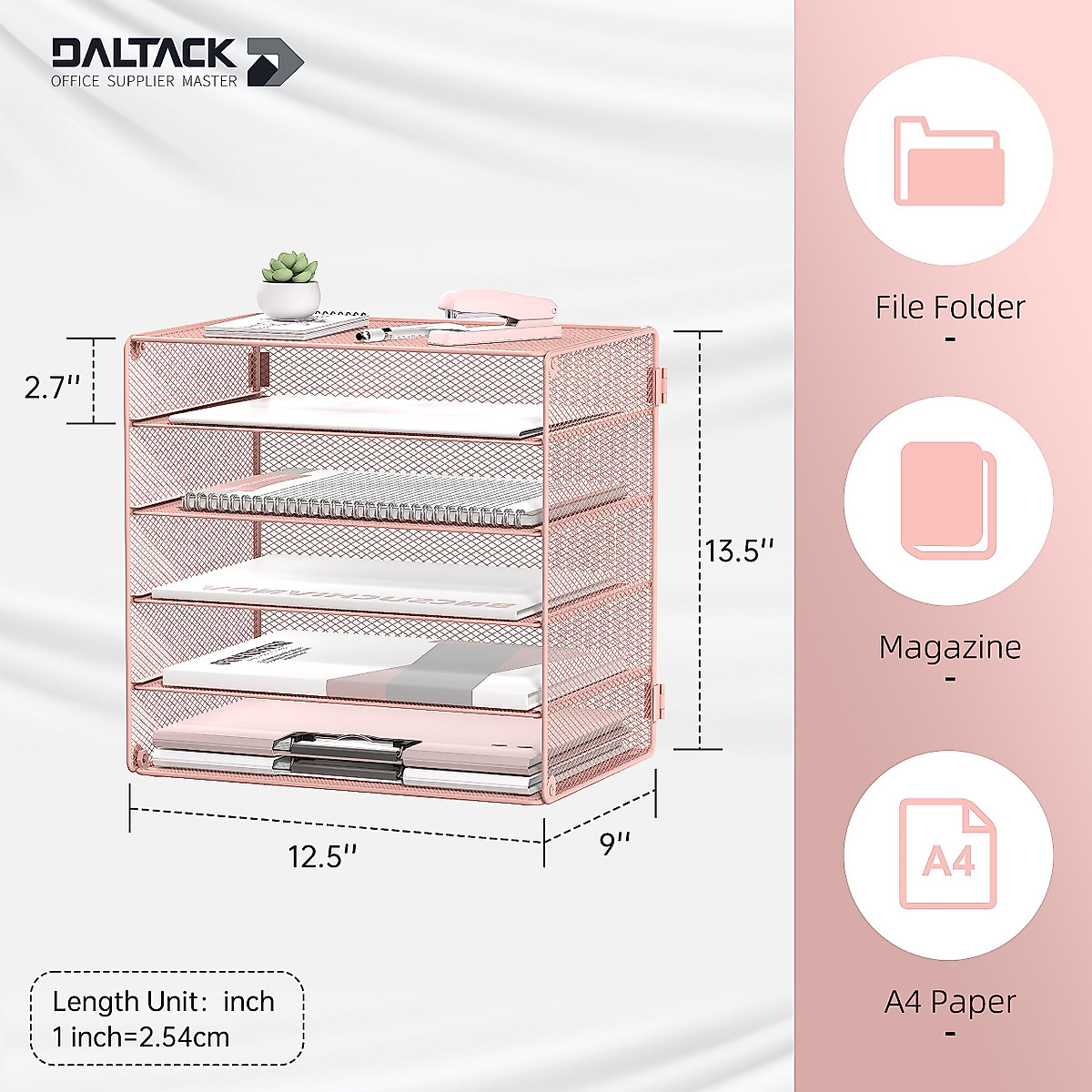 DALTACK Paper Organizer for Desk, 5-Tier Desk Organizer Tray, Paper Organizer Storage, Paper Tray Organizer for Home Office School, Pink