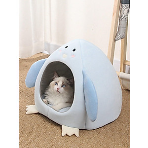QWINEE Indoor Cat Bed Cave with Removable Cushion Pet Plush Warm Tent Cartoon Penguin Design Pet Sleeping Bed for Cats Dogs Kitten Puppy and Rabbit Blue S