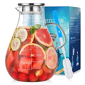 Glass Pitcher with Lid, 112.6OZ Upgrade Glass Water Pitcher with Precise Scale Line, 18/8 Stainless Steel Iced Tea Pitcher, HOUSALE Easy to Clean Heat Resistant Borosilicate Glass for Milk, Cold & Hot