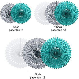 8PCS Teal Grey White Hanging Paper Turquoise Aqua Party Fan Rosettes Circle Garland for Mermaid Birthday Under The Sea Party Girl Baby Shower Teal Wedding Bridal Shower Decoration